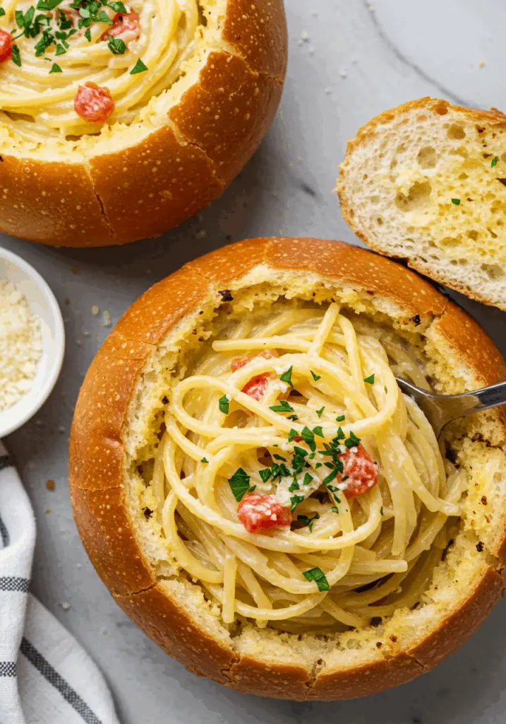Spaghetti Garlic Bread Bowls