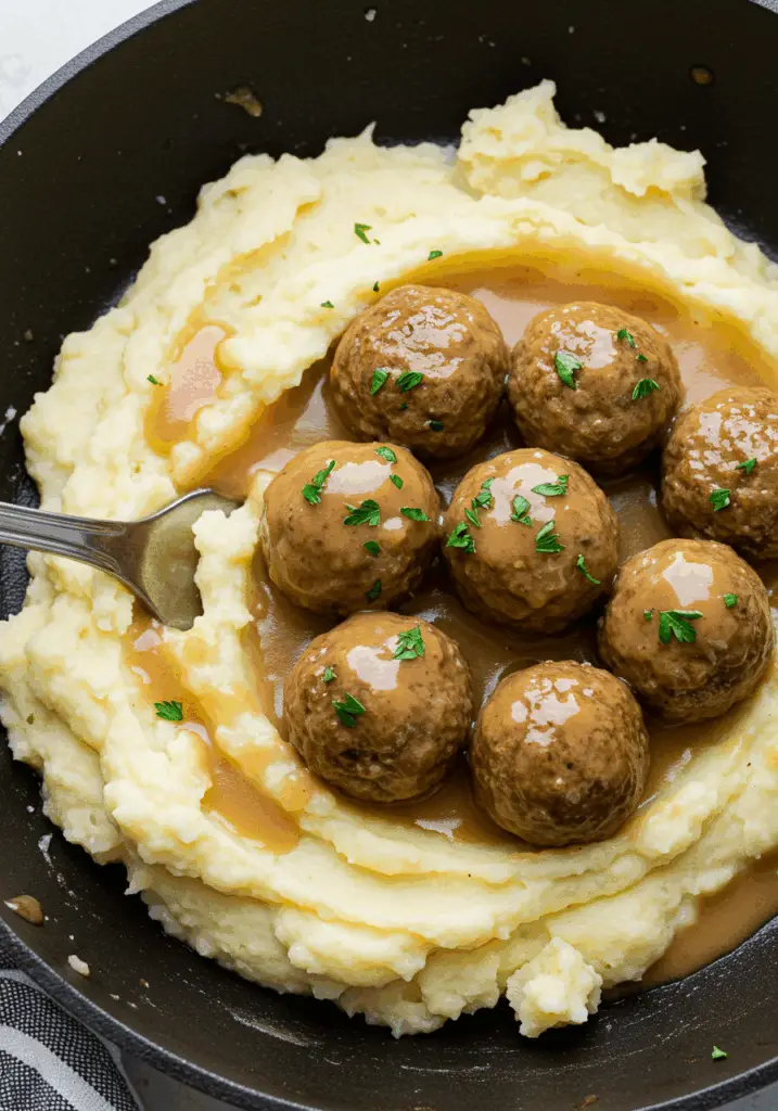 One Pot Mashed Potatoes with Meatballs & Gravy - Martharecipes