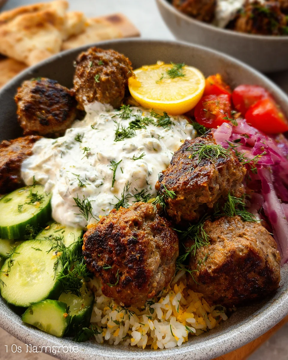 Gyro Bowls (Meatballs with Tzatziki, Lemon Rice, and Cucumber Salad)