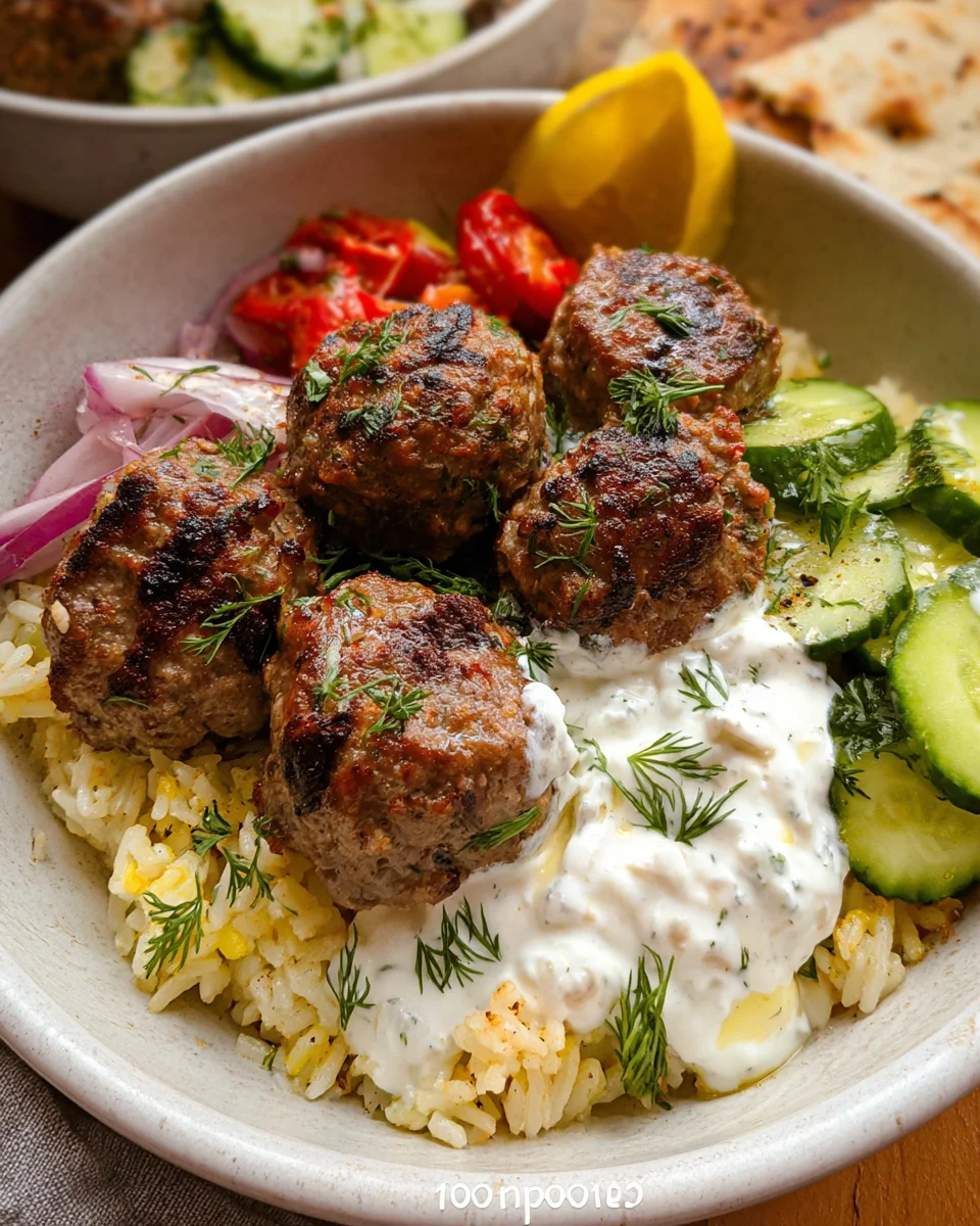 Gyro Bowls (Meatballs with Tzatziki, Lemon Rice, and Cucumber Salad)