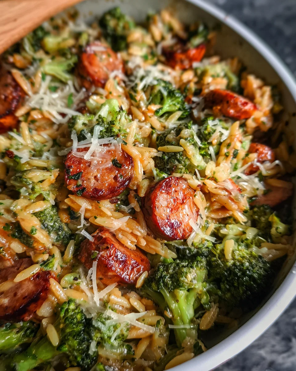 Chicken Sausage, Broccoli, Orzo Skillet